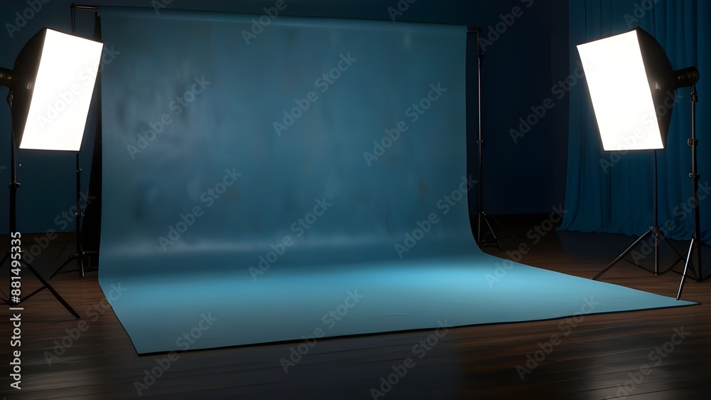 blue photo backdrop wall and floor lit by lamps, studio background for ...
