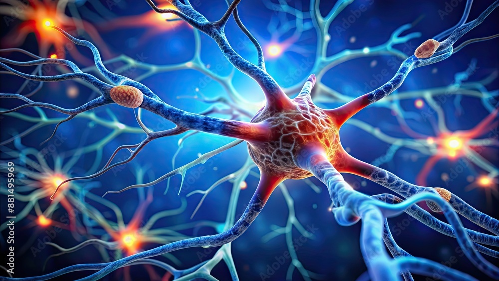 Motor neuron connecting to muscle fiber in a , neuron, muscle, fiber ...