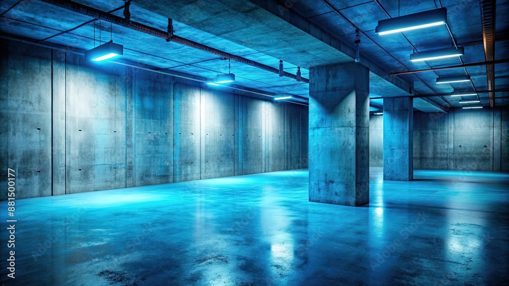 Underground concrete basement with low key blue lighting industrial ...