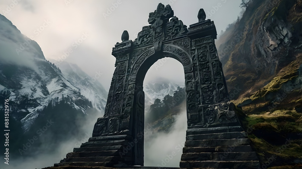 Mystic Mountain Gate A gate carved into the side of a towering mountain ...