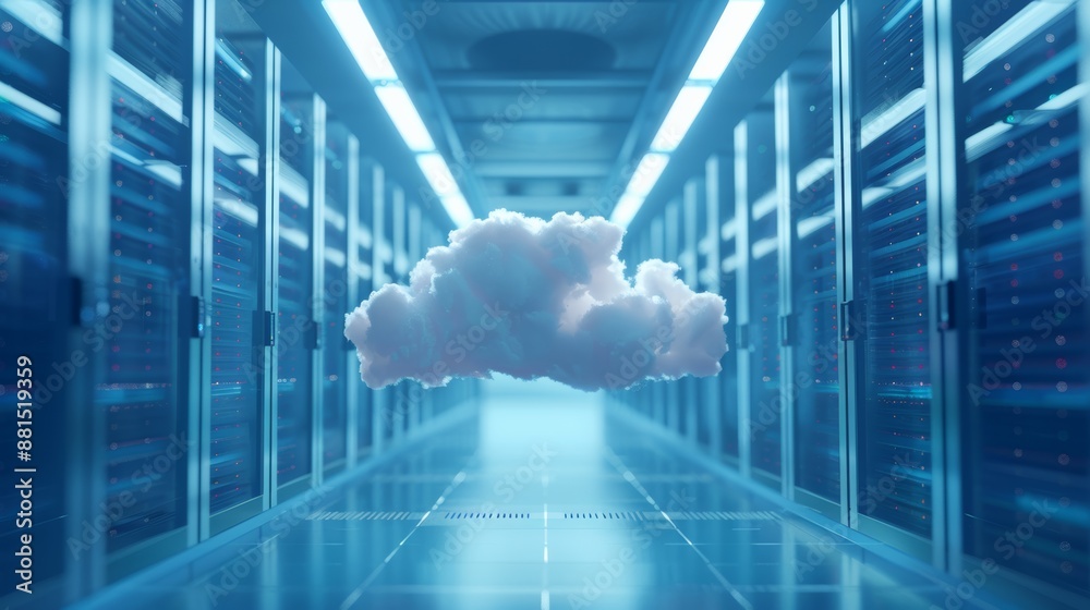 Cloud with data center server room, Data being transferred from on ...