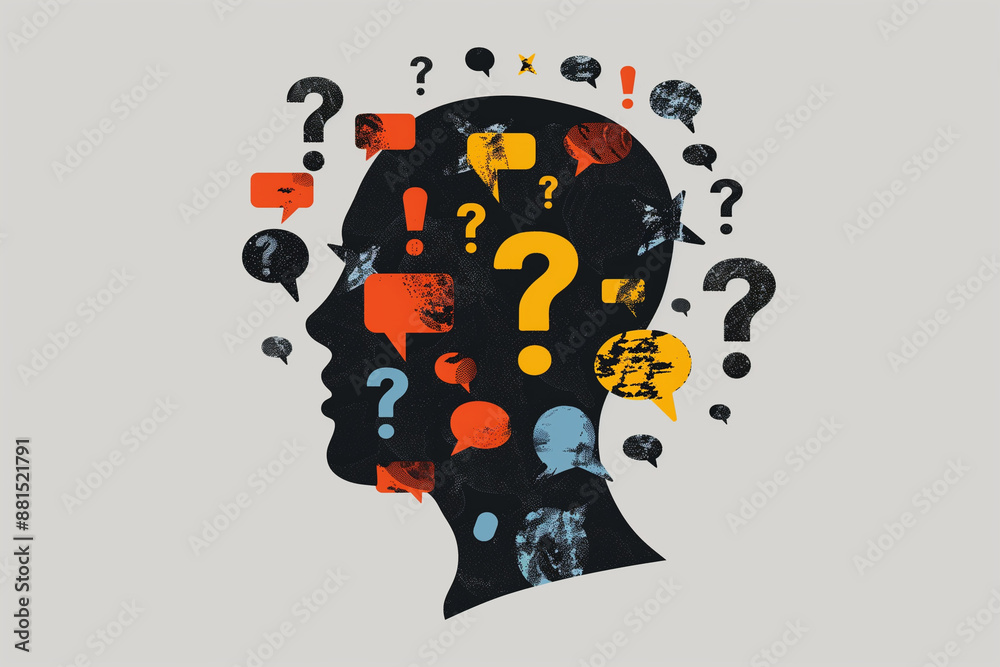 head filled with speech bubbles, exclamation marks and question marks ...