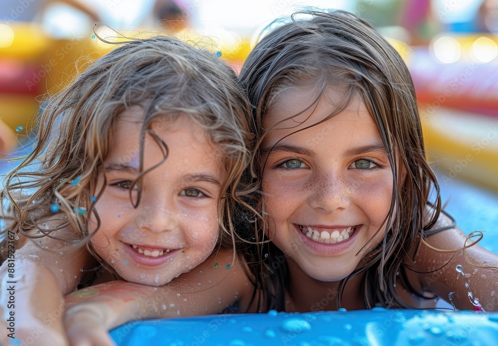Two Happy Kids Having Fun on an Inflatable Bouncy Castle at the School ...