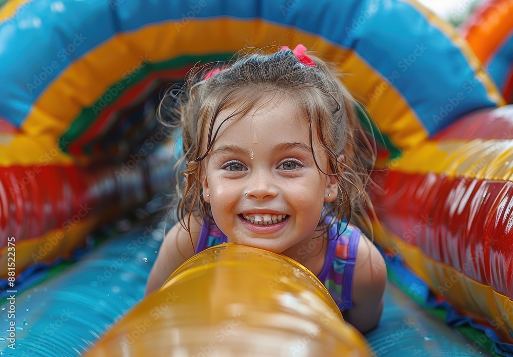 Two Happy Kids Having Fun on an Inflatable Bouncy Castle at a Summer ...