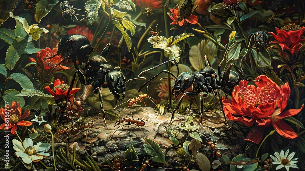 Draw a detailed scene of ants and crickets coexisting in a lush garden ...