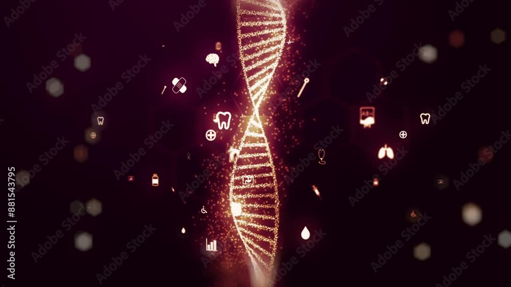 Science, red and glow of dna on black background for genetic ...
