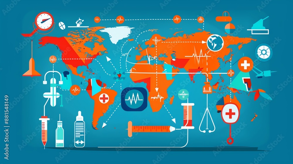 Global health, medical symbols and world map, flat design illustration ...