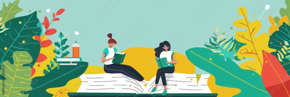 Two friends are reading on a big book - Two friends are sitting on a ...