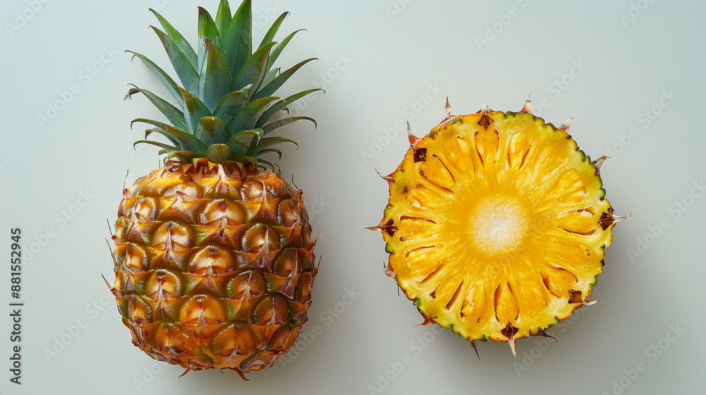 High-Resolution Photo of a Single Pineapple and a Cut Pineapple on a ...