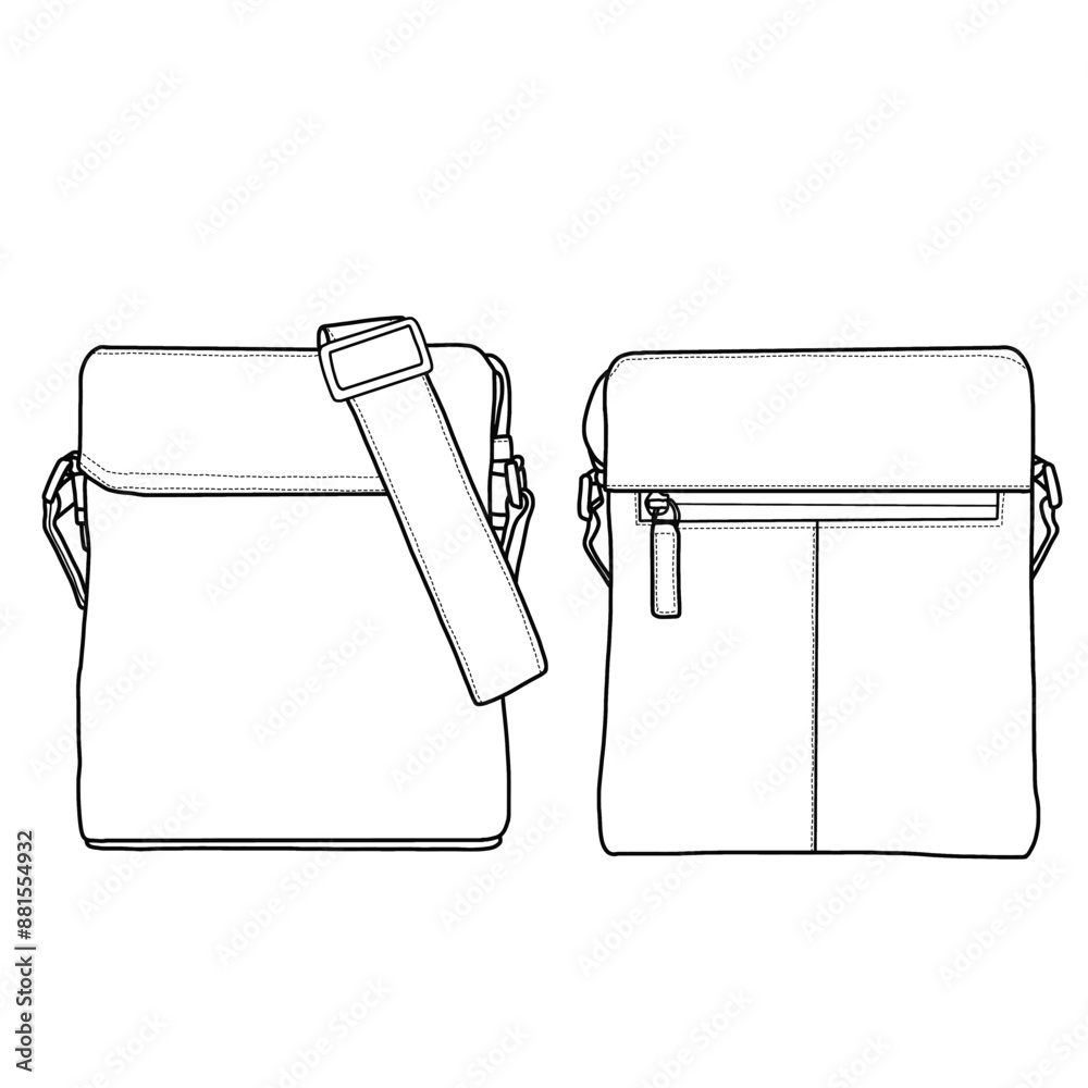 Men's sling bag. Flat sketch fashion illustration drawing template mock ...