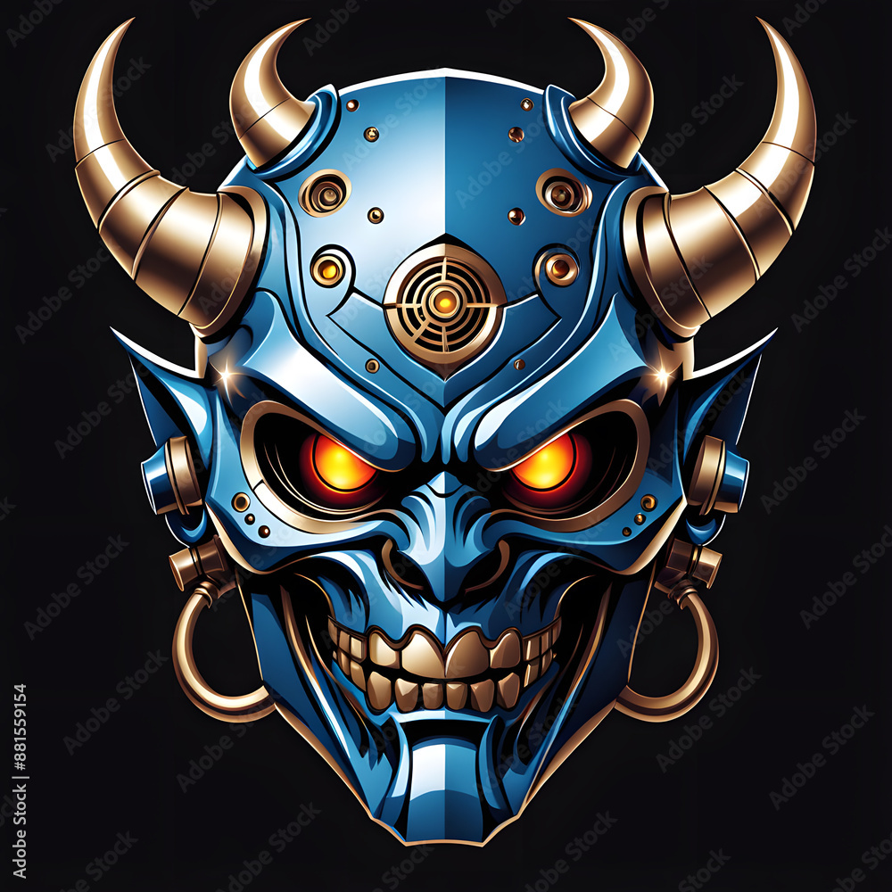 Cyberpunk oni mask with glowing red eyes. Digital art illustration of a ...