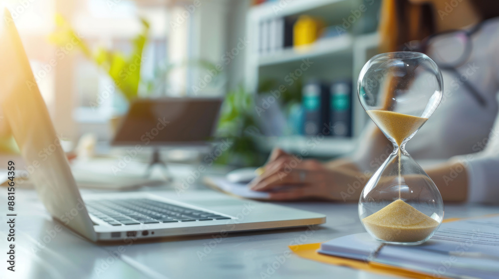 time management concept, a close-up of an hourglass with a blurred ...