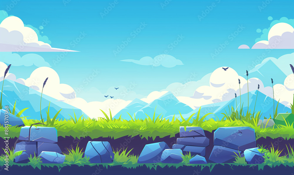 2d platform game background, blue sky, grass and mountains in the ...