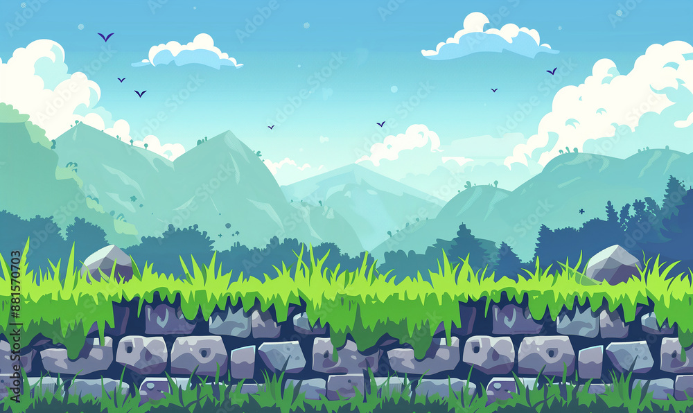 2d platform game background, blue sky, grass and mountains in the ...