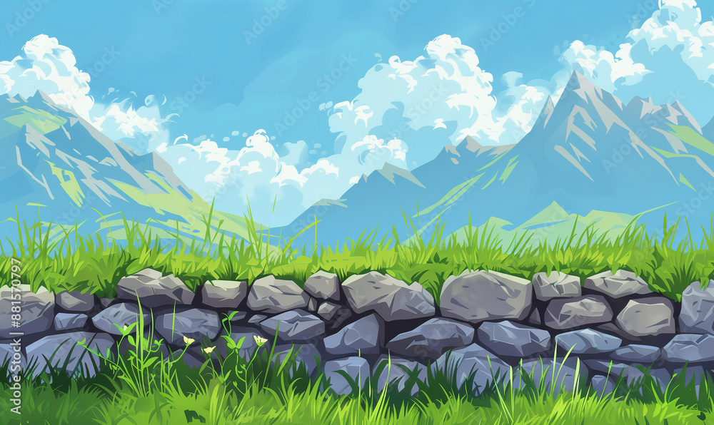 2d platform game background, blue sky, grass and mountains in the ...