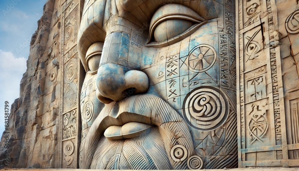 A close-up of the intricate carvings on one of the giant faces from a ...