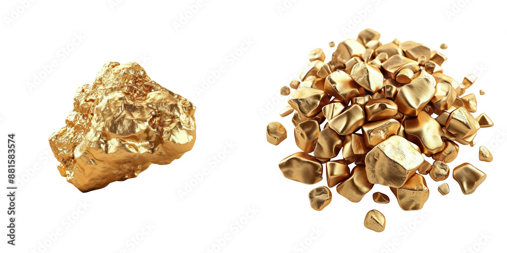 Gold raw chunk and pile of gold nuggets isolated on white background ...