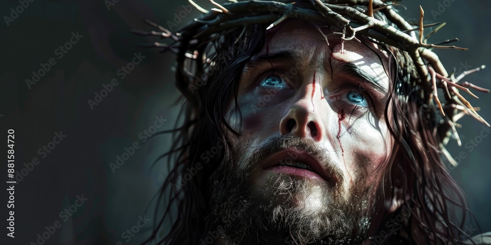 Jesus Christ with crown of thorns on his head in the dark, looking up ...