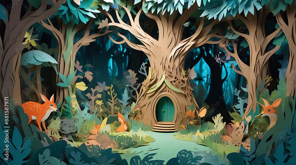 A magical forest made of paper cutouts, with mythical creatures ...