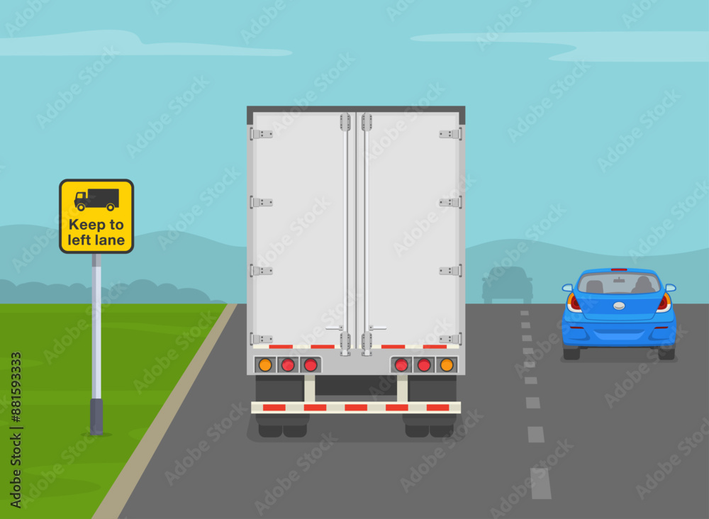 Safe driving tips and traffic regulation rules. Back view of a heavy ...