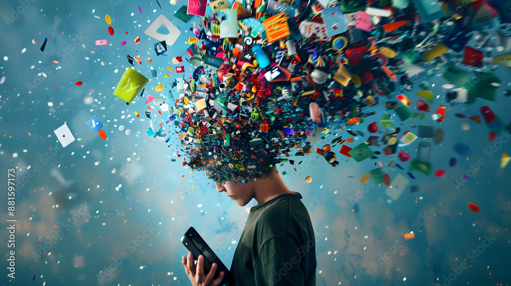 powerful visual metaphor of social media addiction, with a young people ...