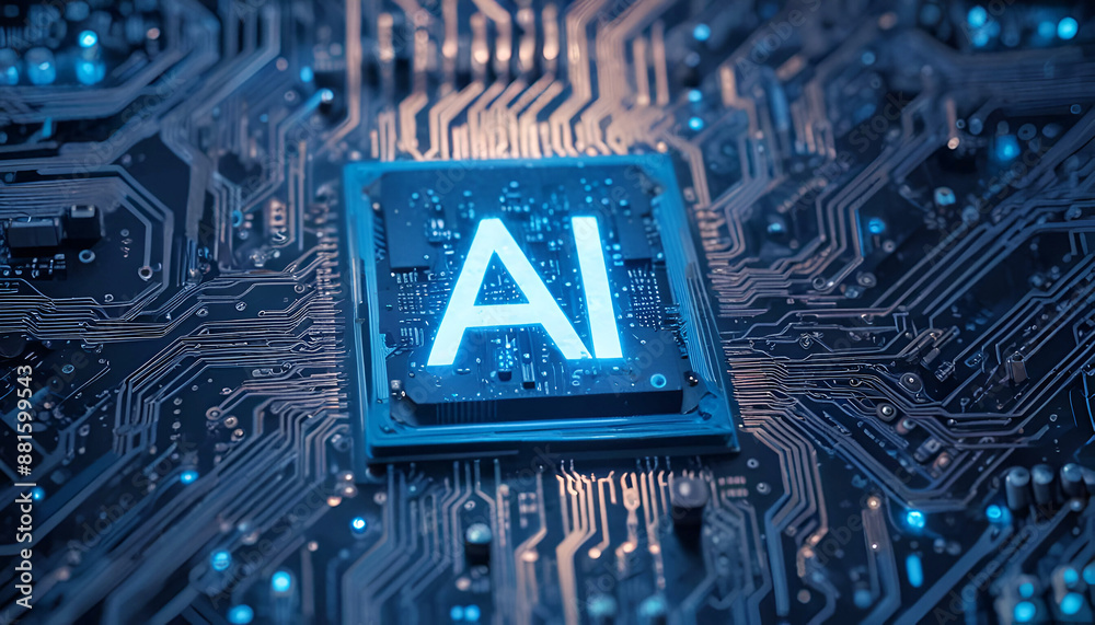 A motherboard featuring the word "AI" embedded within its design. The ...