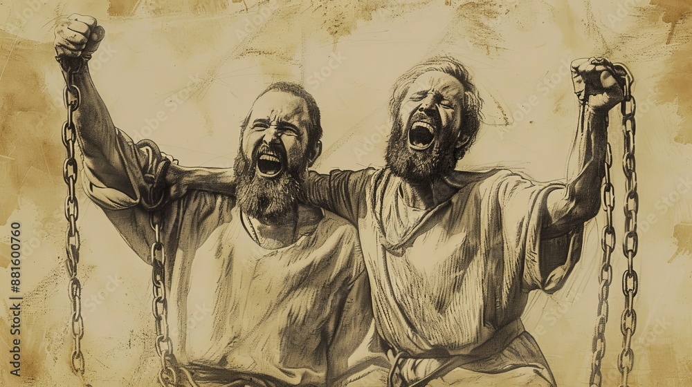 Happy Paul and Silas singing in the prison. Stock Illustration | Adobe ...