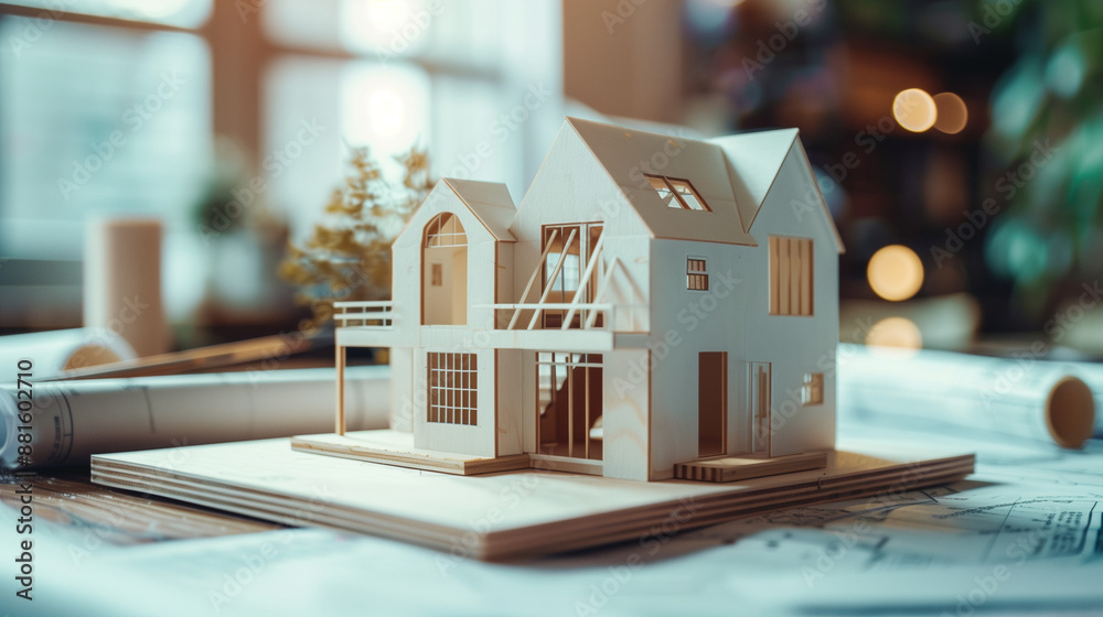 Construction blueprints and architectural drawings with miniature ...