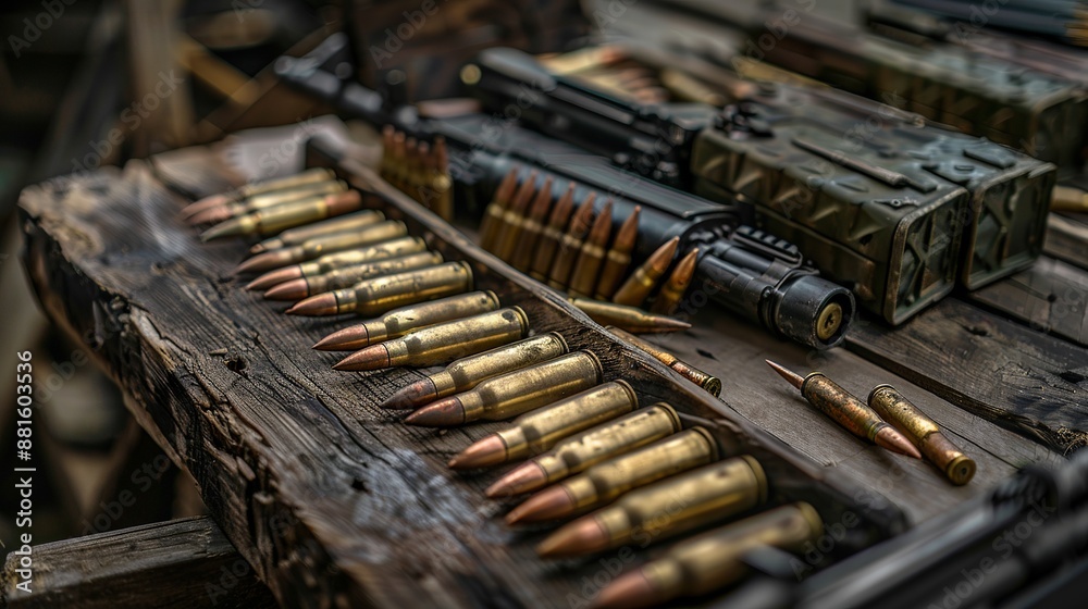 A photograph featuring 5.56mm ammunition, machine gun bullets in a belt ...