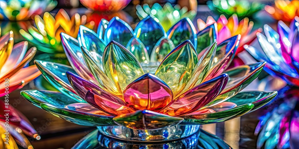 Glass lotus flower sculpture in vibrant colors on display , glass ...
