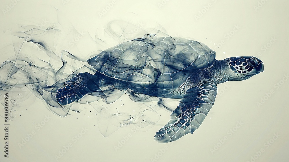 A painting of a sea turtle with smoke billowing from its back and its ...