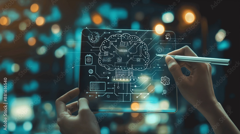 Hand drawing on a digital pad, creating machine learning diagrams and ...