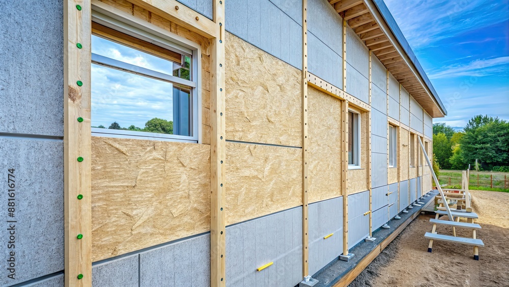 Home exterior wall thermal insulation with rigid foam boards side view ...