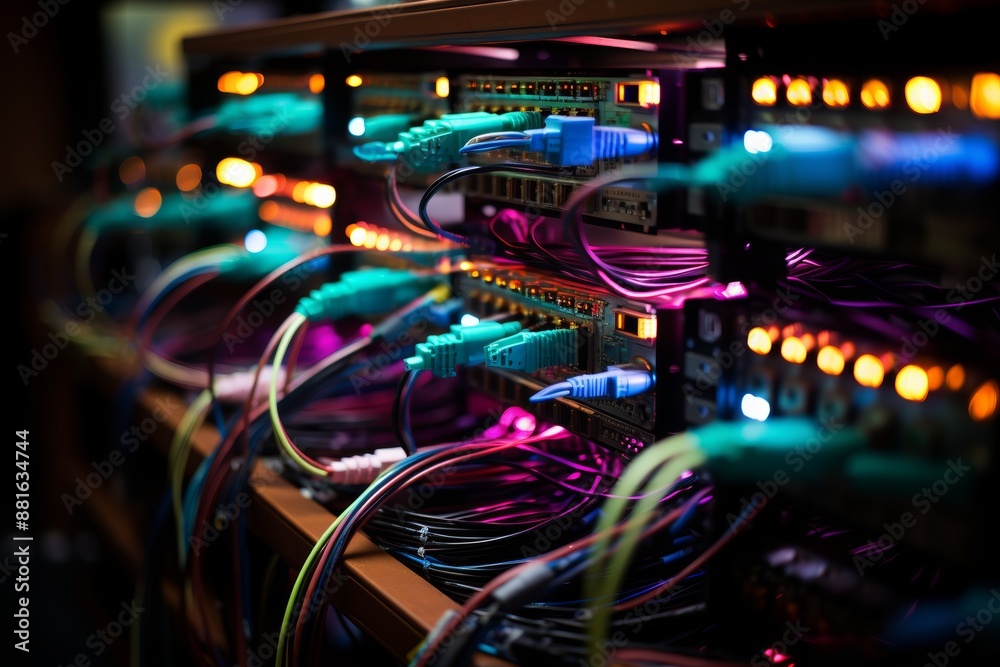 Ethernet cables linked to server rack for optimized data management and network performance ...