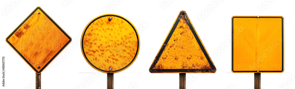 circle, triangle and square shape yellow road traffic signs, worn and ...