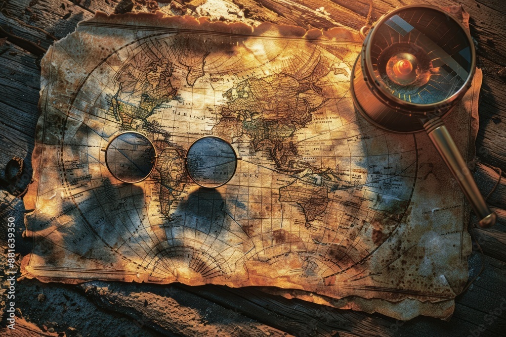 Vintage world map with magnifying glass and eyeglasses on antique ...