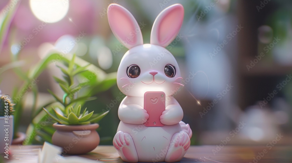 Charming 3D kawaii rabbit figurine, adorned with a pink phone, embodies love and tenderness. Its ...