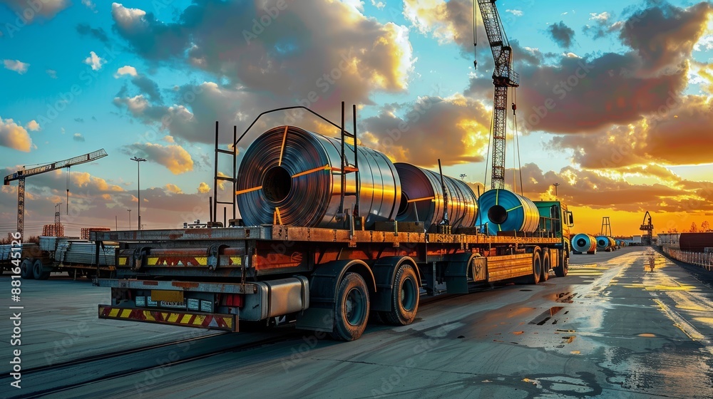 construction truck transporting steel coils and sheets to the ...