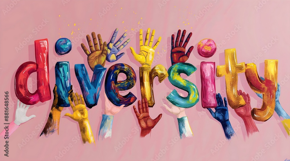 Painting depicts diversity, multi-colored letters with text., hands of ...