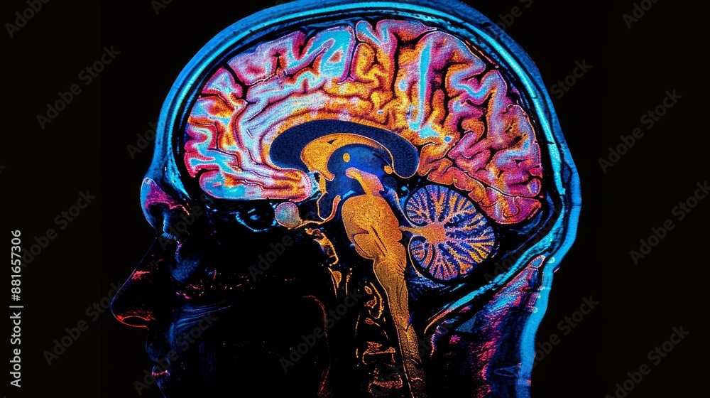Side profile MRI scan of a human brain with vibrant colors illustrating ...