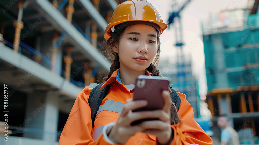 Young woman in a construction uniform and helmet using a smartphone on ...