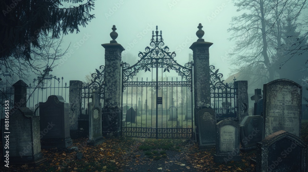 An old, gothic cemetery gate with intricate ironwork, surrounded by ...