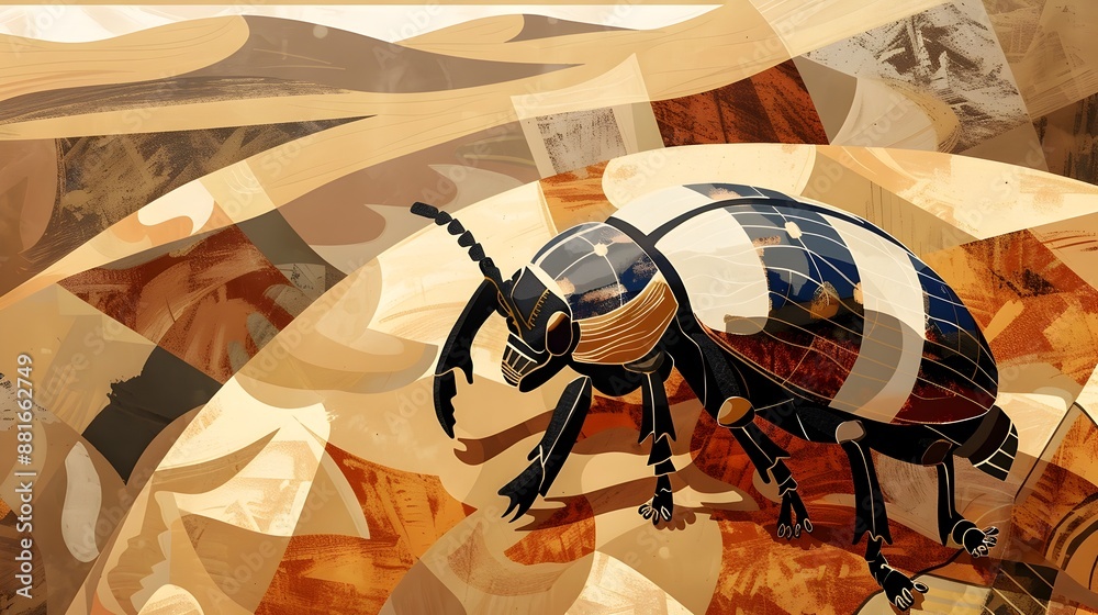 Cubist Scarab Beetle Rolling Dung Ball Amid Ancient Egyptian Motifs and ...