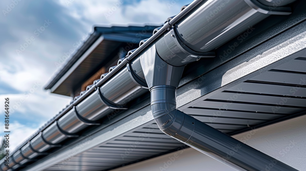 Gray zinc gutter on the facade of the house white PVC downpipes and ...