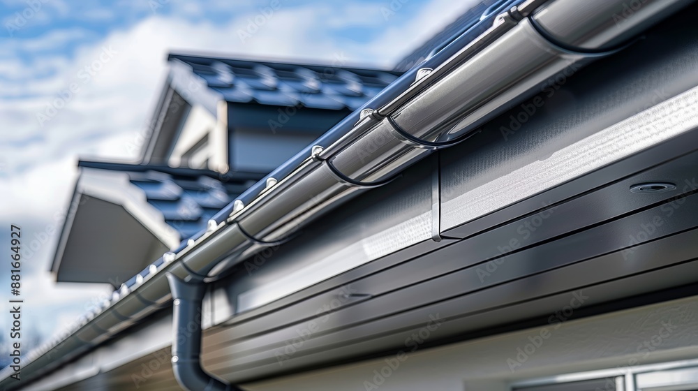 Gray zinc gutter on the facade of the house white PVC downpipes and ...