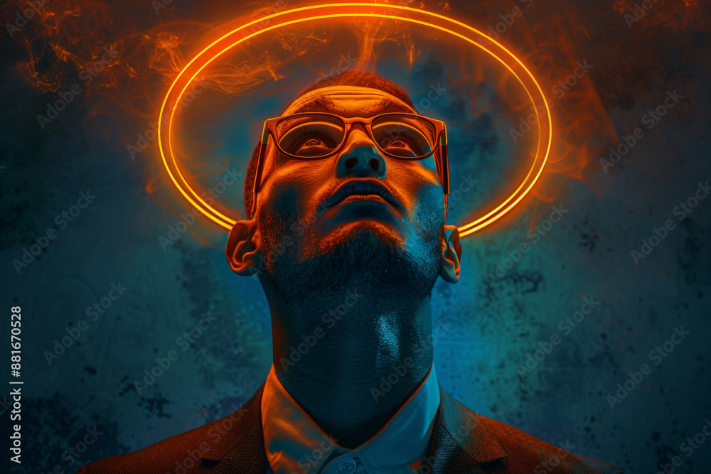 Man with a glowing halo above his head, looking upwards in a dark ...