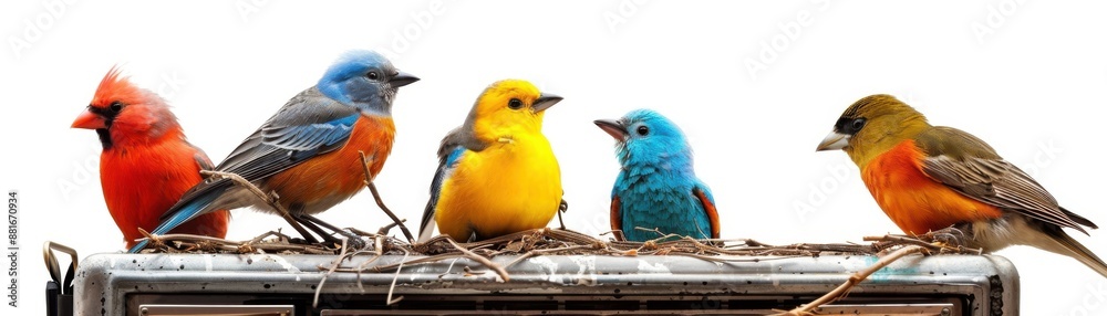 Colorful birds nesting in an open cash register, realistic background ...