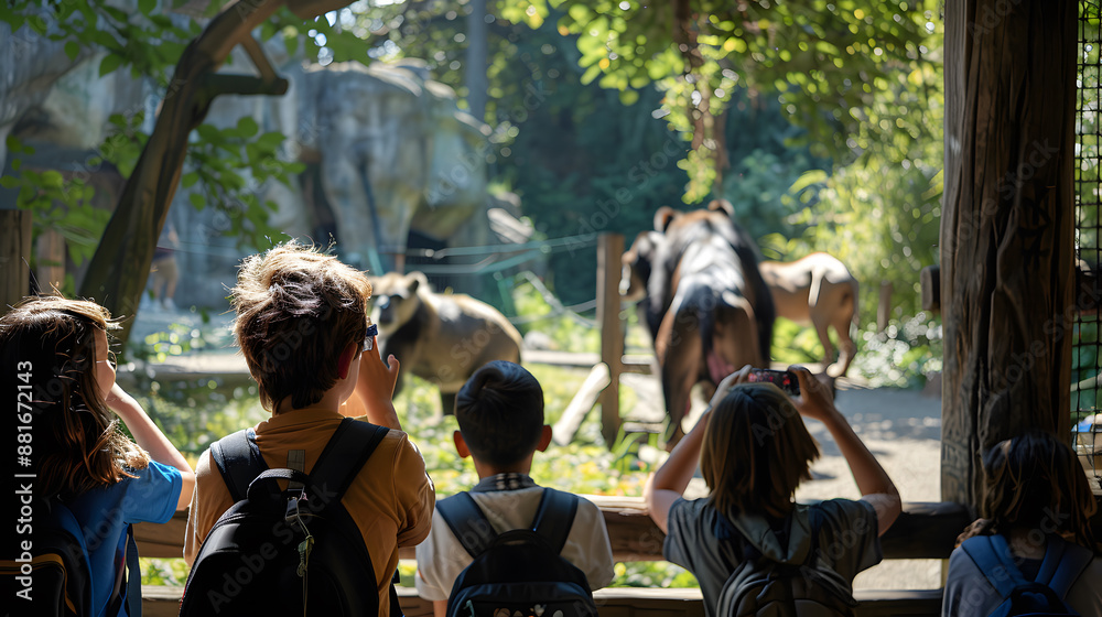 Classmates visiting a zoo, watching animals in their enclosures and ...