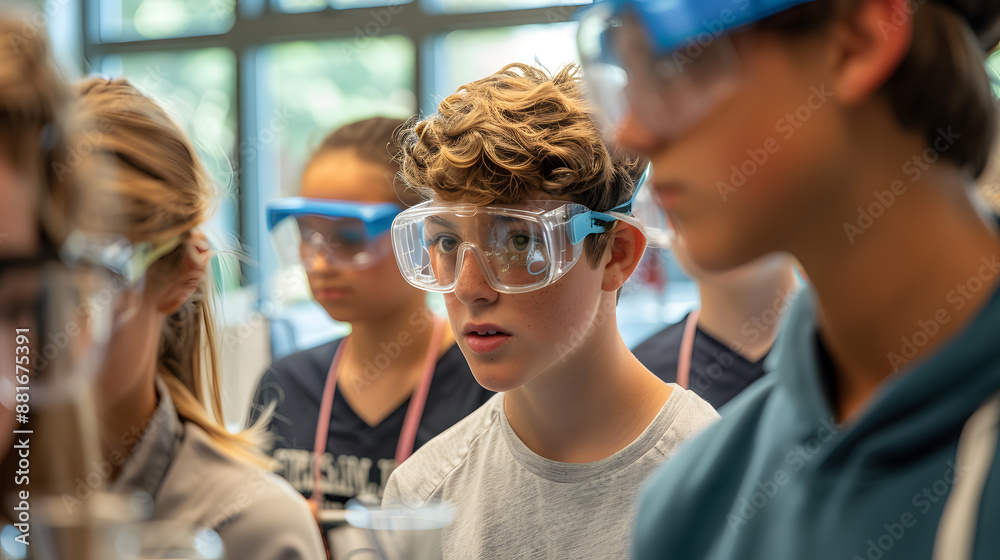 Group of classmates exploring a nature trail with a guide pointing out ...