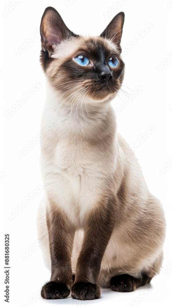 Siamese cat with striking blue eyes standing alert on pure white ...